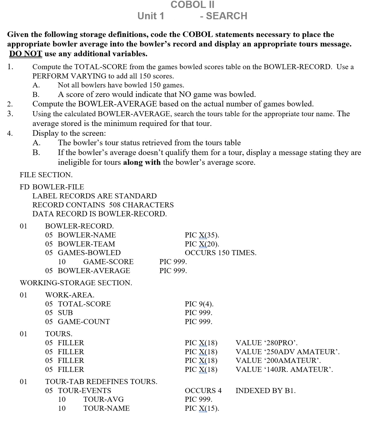 COBOL II - SEARCH Unit 1 - A. Given the following | Chegg.com