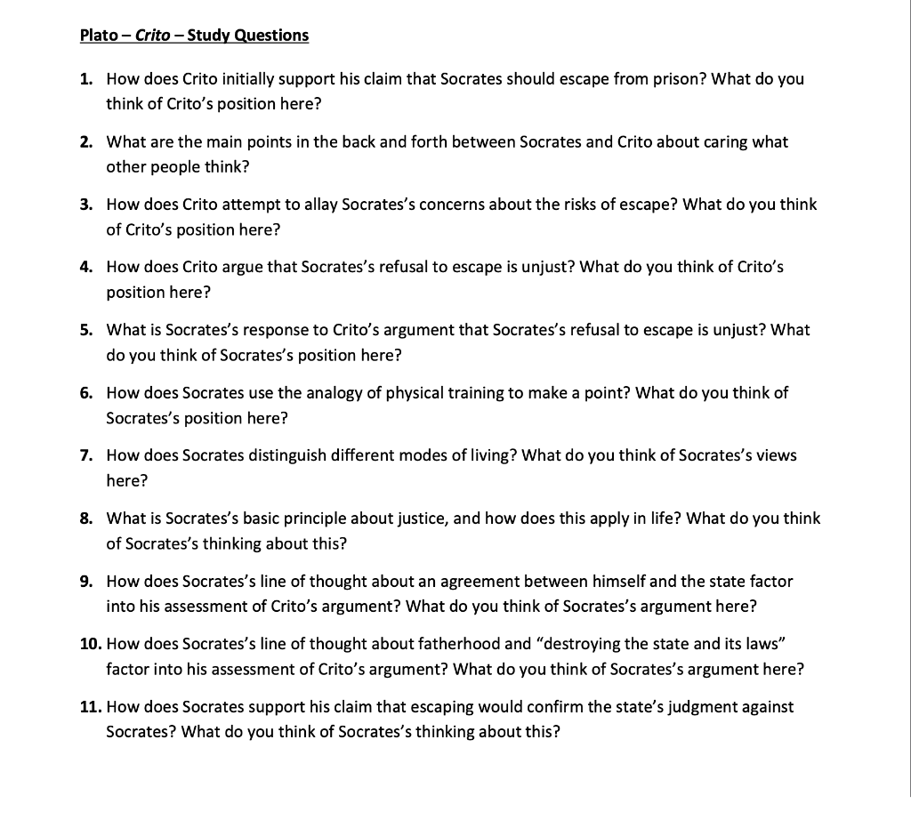 Solved Plato - Crito - Study Questions 1. How does Crito | Chegg.com