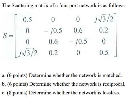 Solved The Scattering matrix of a four port network is as | Chegg.com