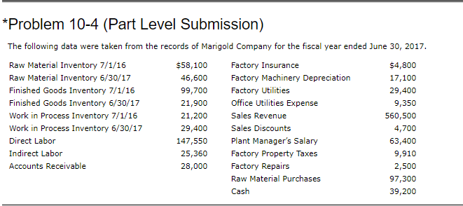 Solved *Problem 10-4 (Part Level Submission) The following | Chegg.com