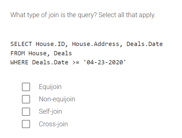 Solved What type of join is the query? Select all that | Chegg.com
