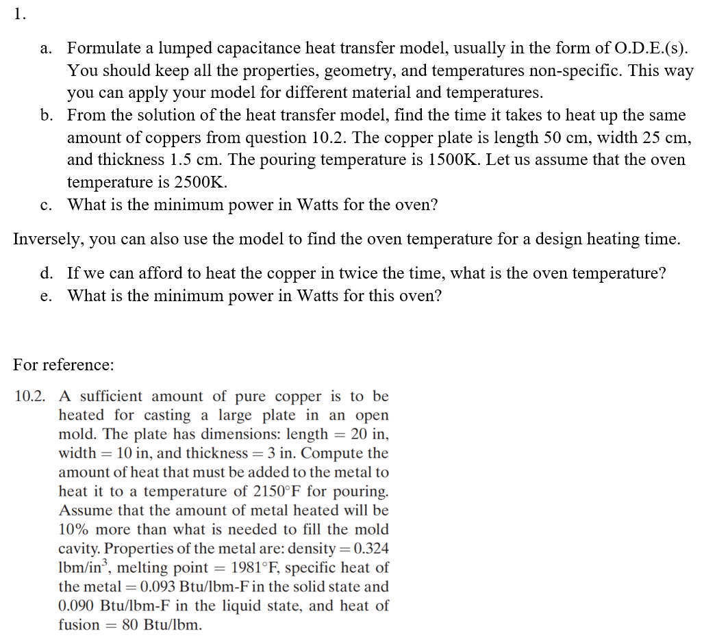 a. Formulate a lumped capacitance heat transfer | Chegg.com