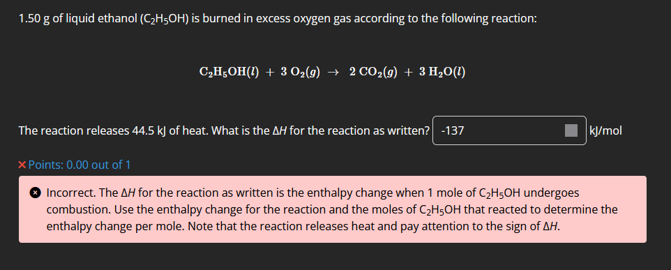 Solved 1.50 g of liquid ethanol (C2H5OH) is burned in excess | Chegg.com