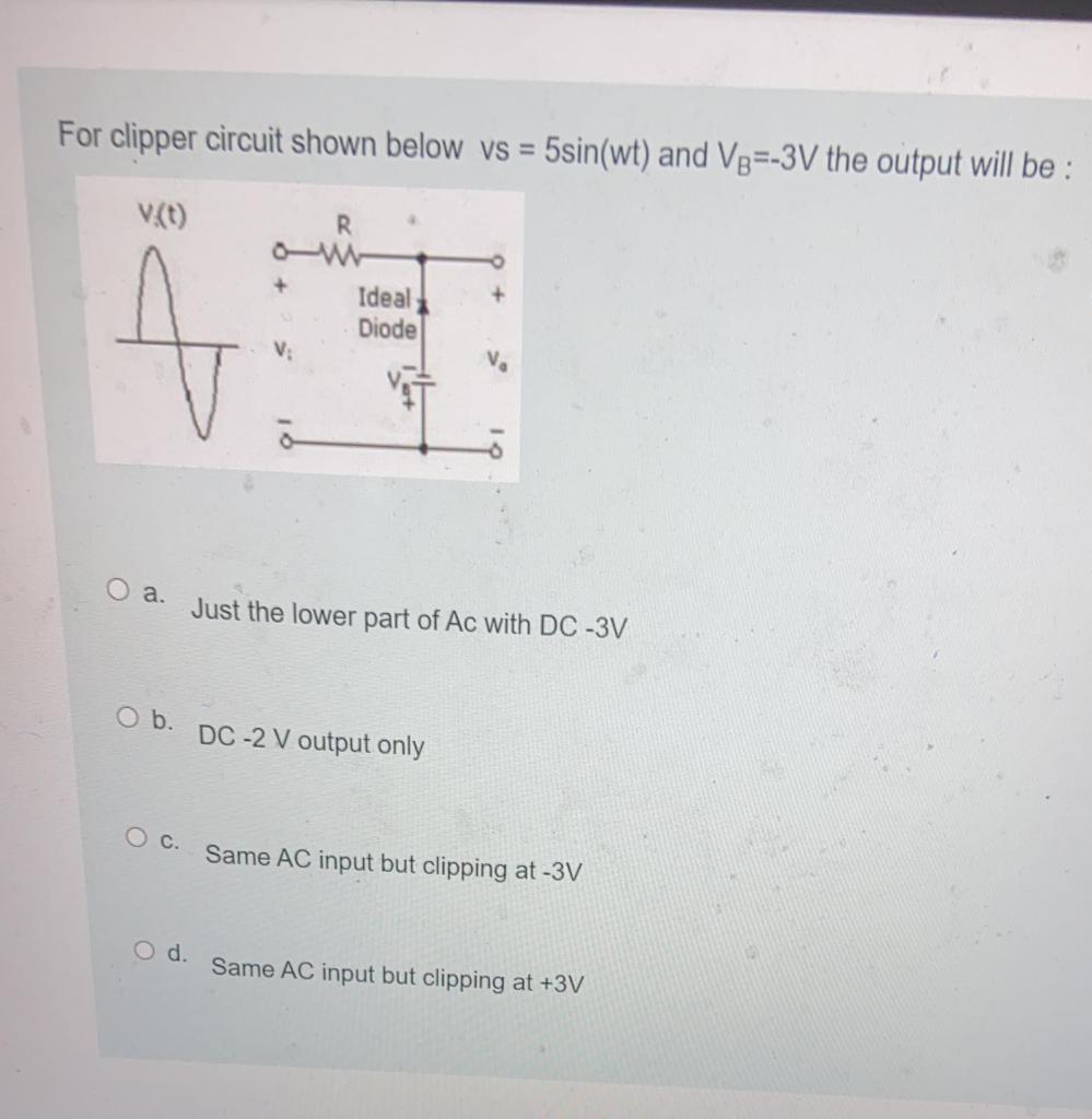 Solved For clipper circuit shown below vs = 5sin(wt) and | Chegg.com