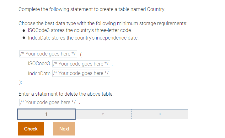 Solved Complete the following statement to create a table | Chegg.com
