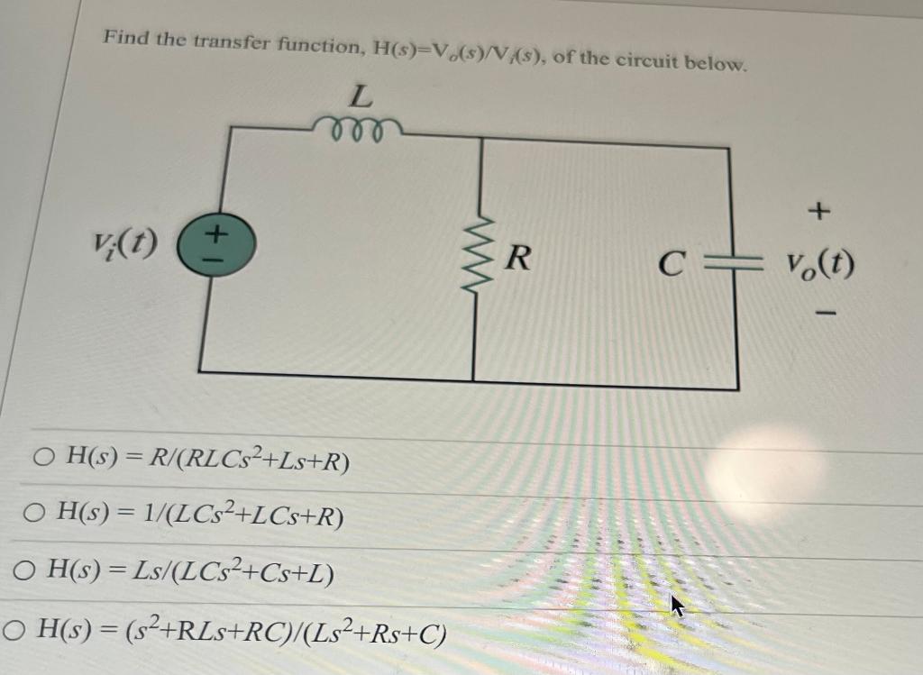 Solved Find the transfer function, H(s)=Vo(s)V/(s), of the | Chegg.com