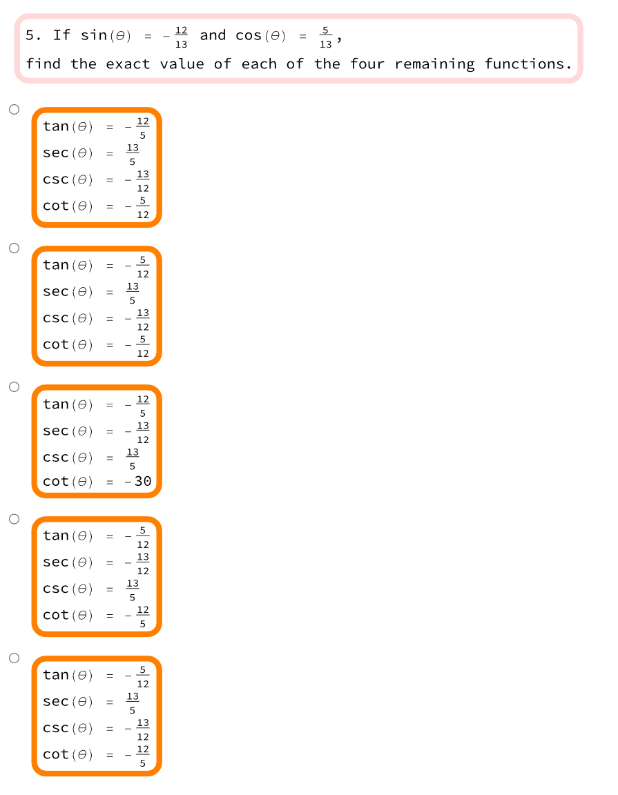 Solved 5. If sin(θ)=−1312 and cos(θ)=135, find the exact | Chegg.com