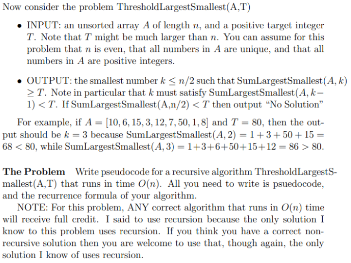 Solved Now consider the problem ThresholdLargest | Chegg.com