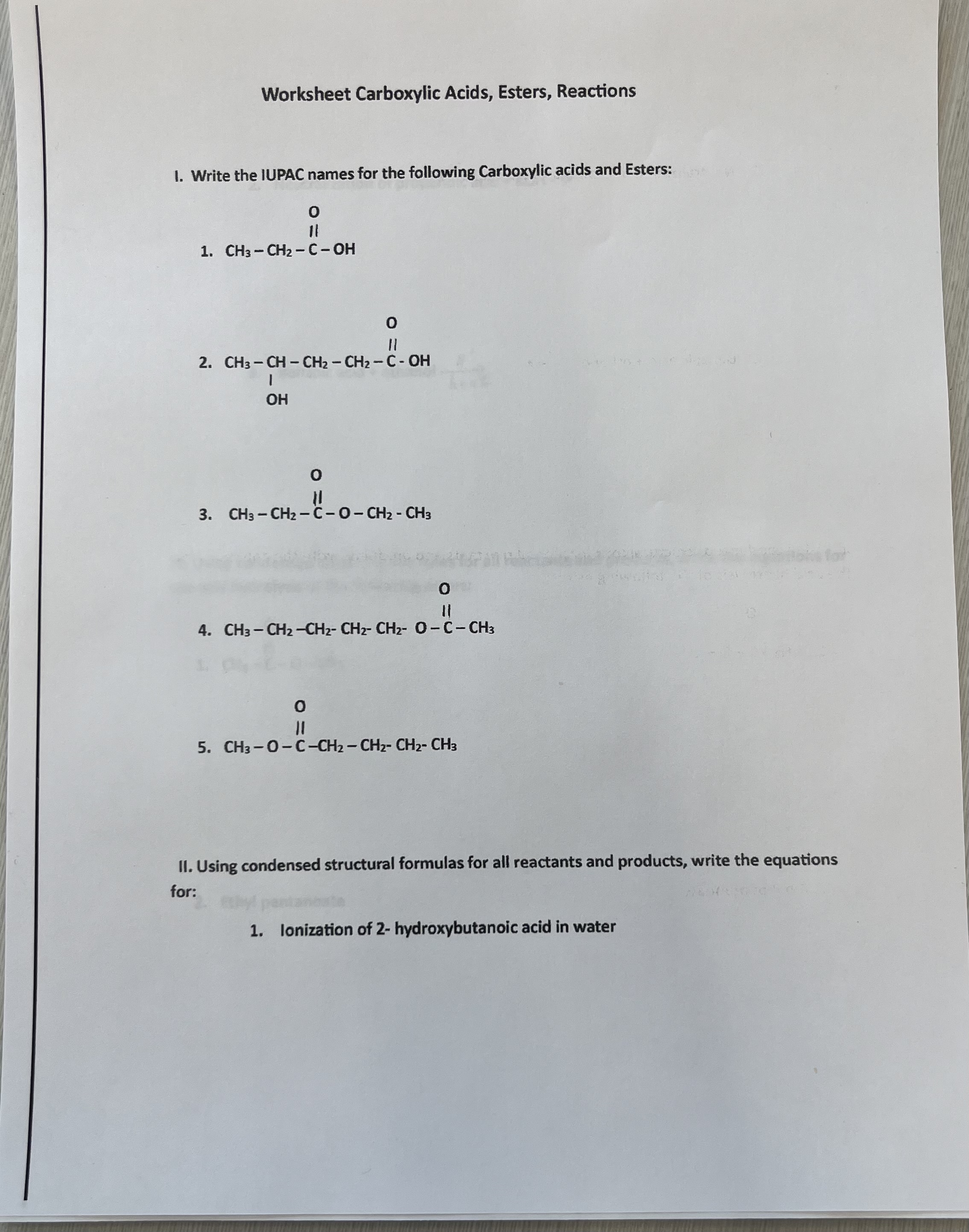Solved Worksheet Carboxylic Acids, Esters, ReactionsI. Write | Chegg.com