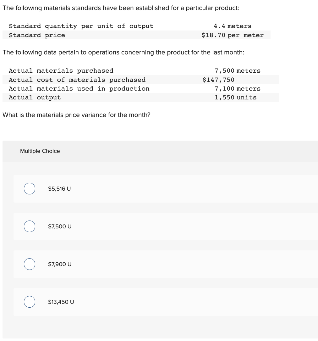 Solved The following materials standards have been | Chegg.com