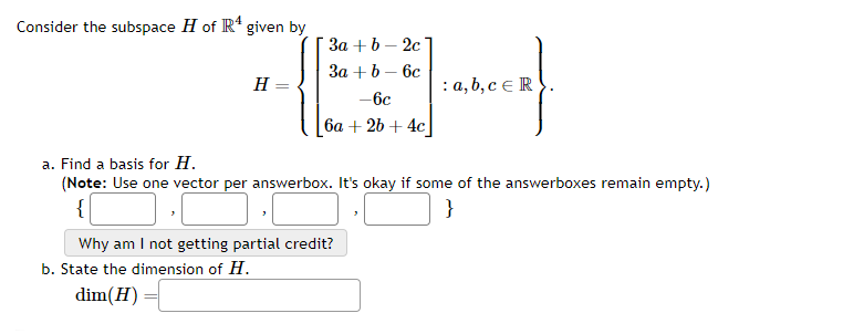 Solved Consider the subspace H of R4 ﻿given | Chegg.com