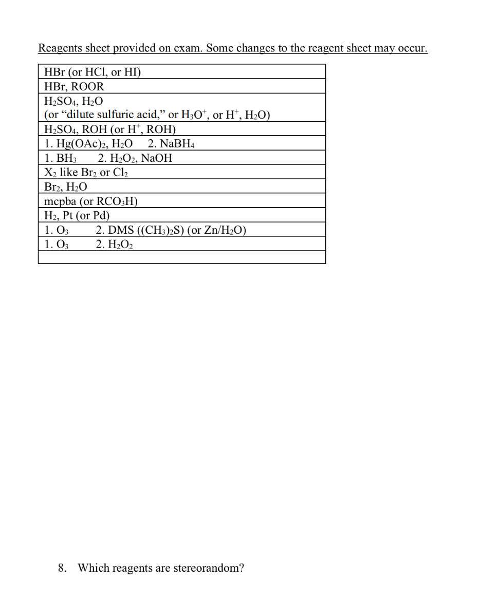 Solved Reagents sheet provided on exam. Some changes to the | Chegg.com