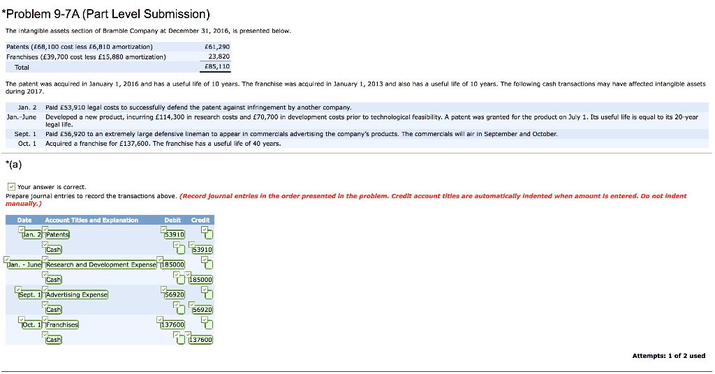 Solved *Problem 9-7A (Part Level Submission) The intangible | Chegg.com