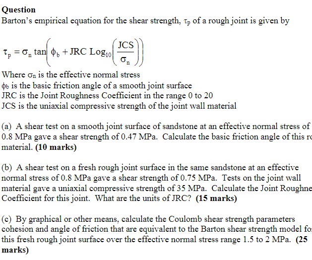 Solved Question Barton's empirical equation for the shear | Chegg.com