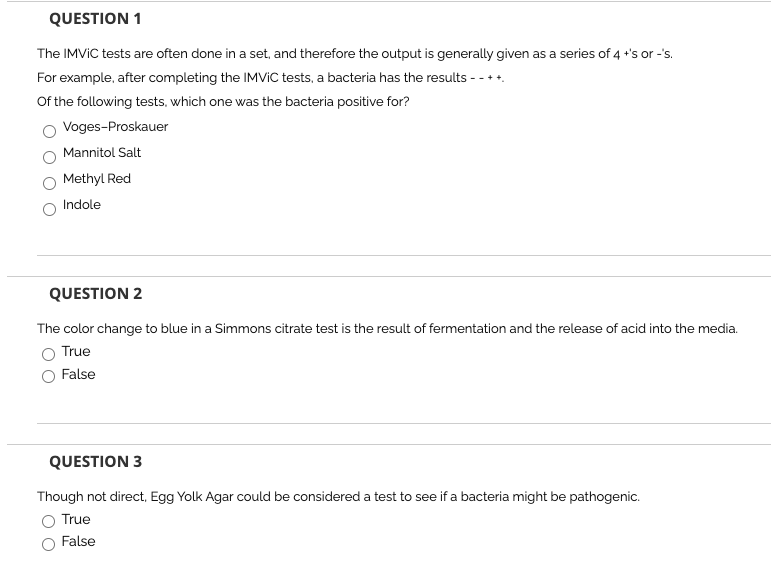 Solved QUESTION 1 The IMVIC tests are often done in a set, | Chegg.com