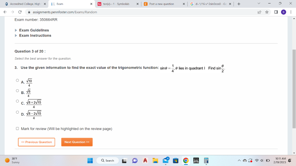 Solved Exam Lesson Name: Analytic Trigonometry Exam number: | Chegg.com