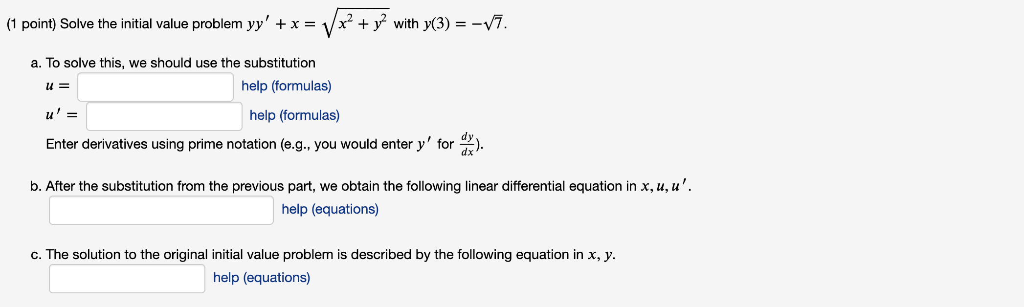 Solved (1 point) Solve the initial value problem yy' + x = | Chegg.com