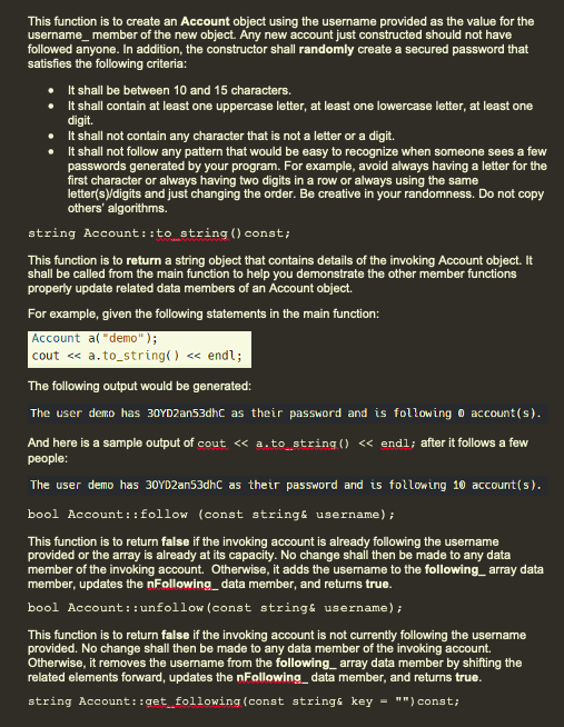 Solved class Account \{ private: string username_; string | Chegg.com