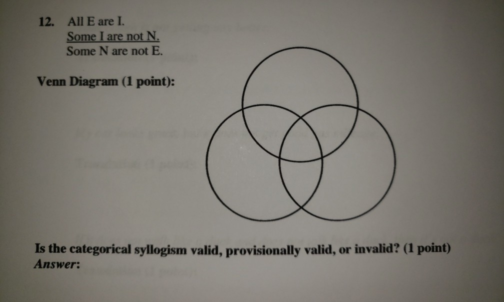 Solved 12. All E are I. Some I are not N. Some N are not E. | Chegg.com