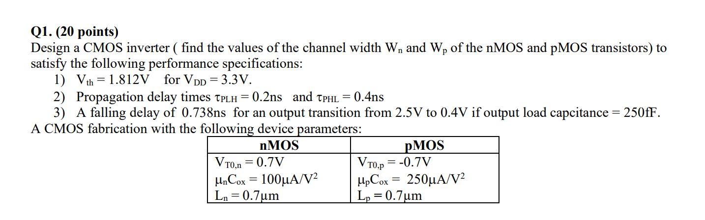 Solved Q1. (20 points) Design a CMOS inverter ( find the | Chegg.com