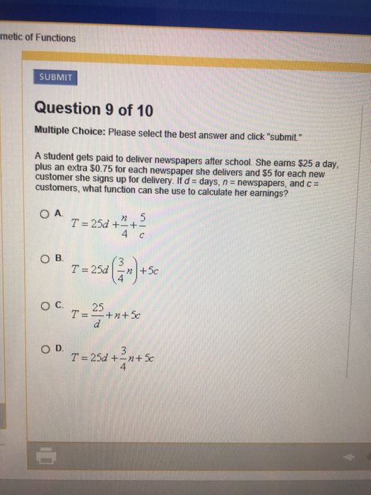 Solved metic of Functions SUBMIT Question 9 of 10 Multiple | Chegg.com