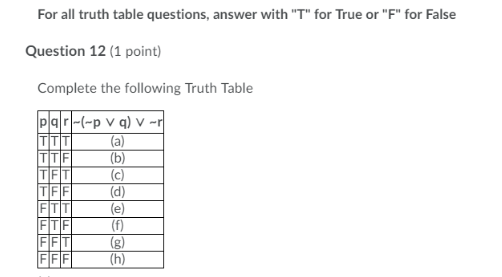 Solved For all truth table questions, answer with "T" for | Chegg.com