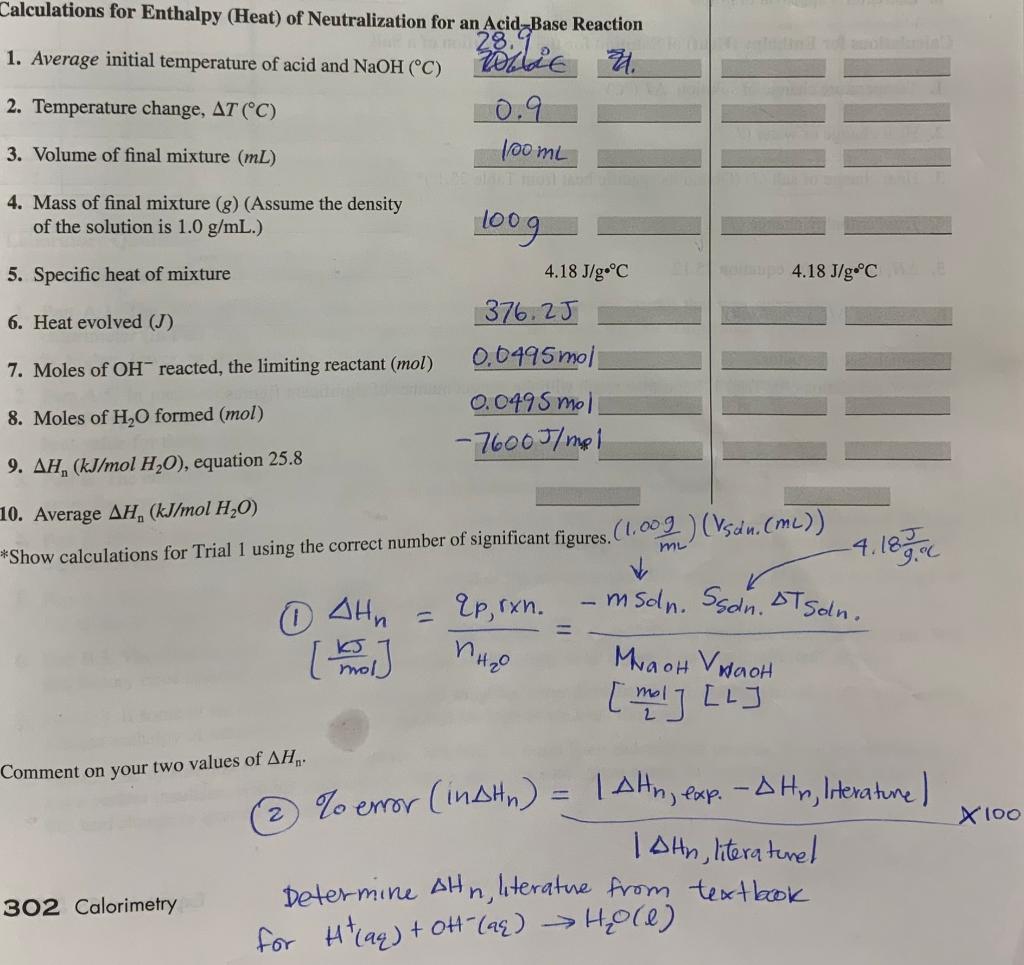 B. Enthalpy (Heat) of Neutralization for an Acid-Base | Chegg.com
