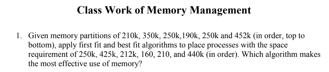 Solved Class Work of Memory Management Given memory | Chegg.com