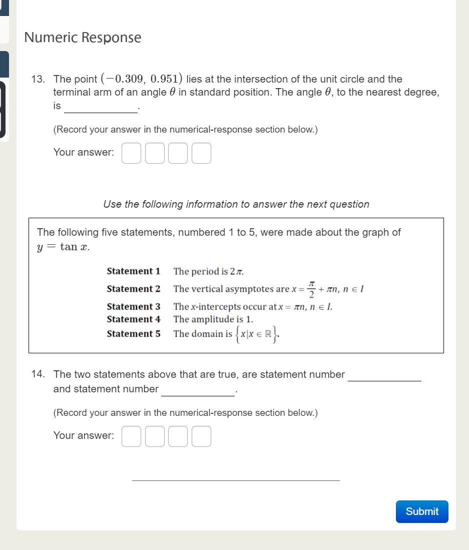 Solved Numeric Response 13. The point (-0.309, 0.951) lies | Chegg.com