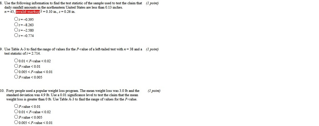 Solved (1 point) 8. Use the following information to find | Chegg.com