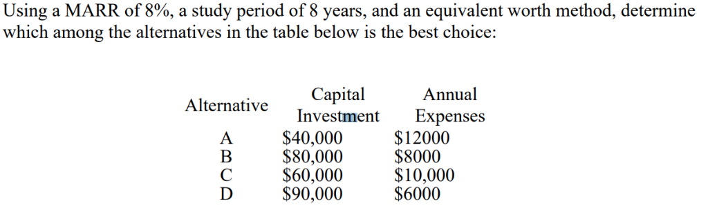 Solved Using a MARR of 8%, a study period of 8 years, and an | Chegg.com