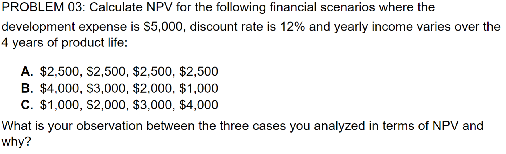 Solved PROBLEM 03: Calculate NPV for the following financial | Chegg.com