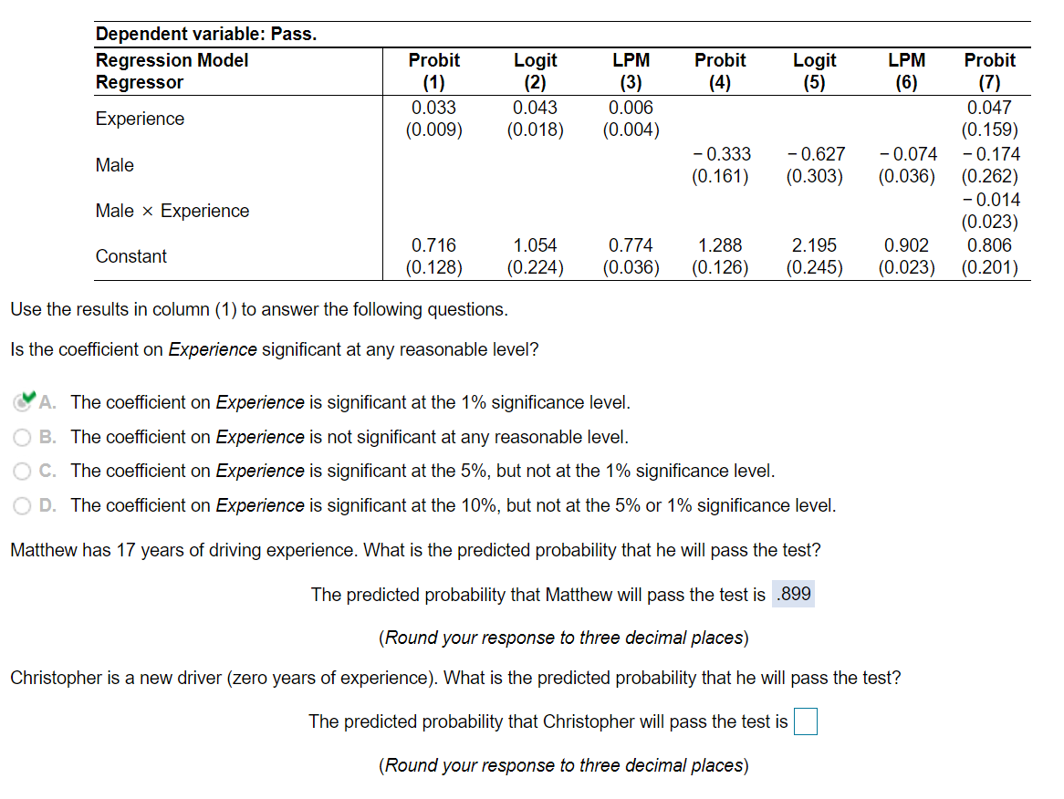 Solved Dependent variable: Pass. Regression Model Regressor | Chegg.com