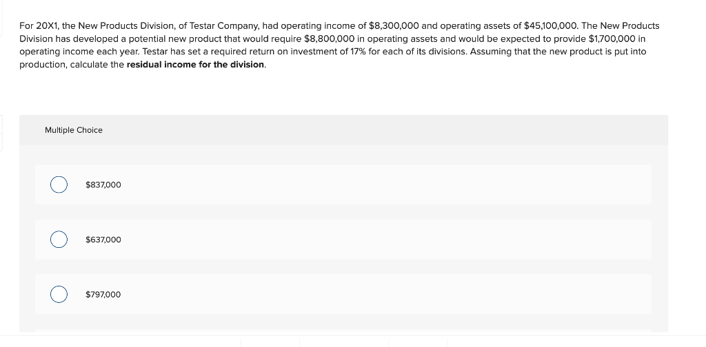 Solved For 20X1, the New Products Division, of Testar | Chegg.com