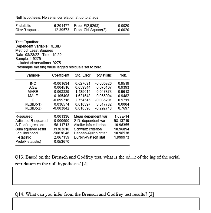 Solved Null hypothesis: No serial correlation at up to 2 | Chegg.com