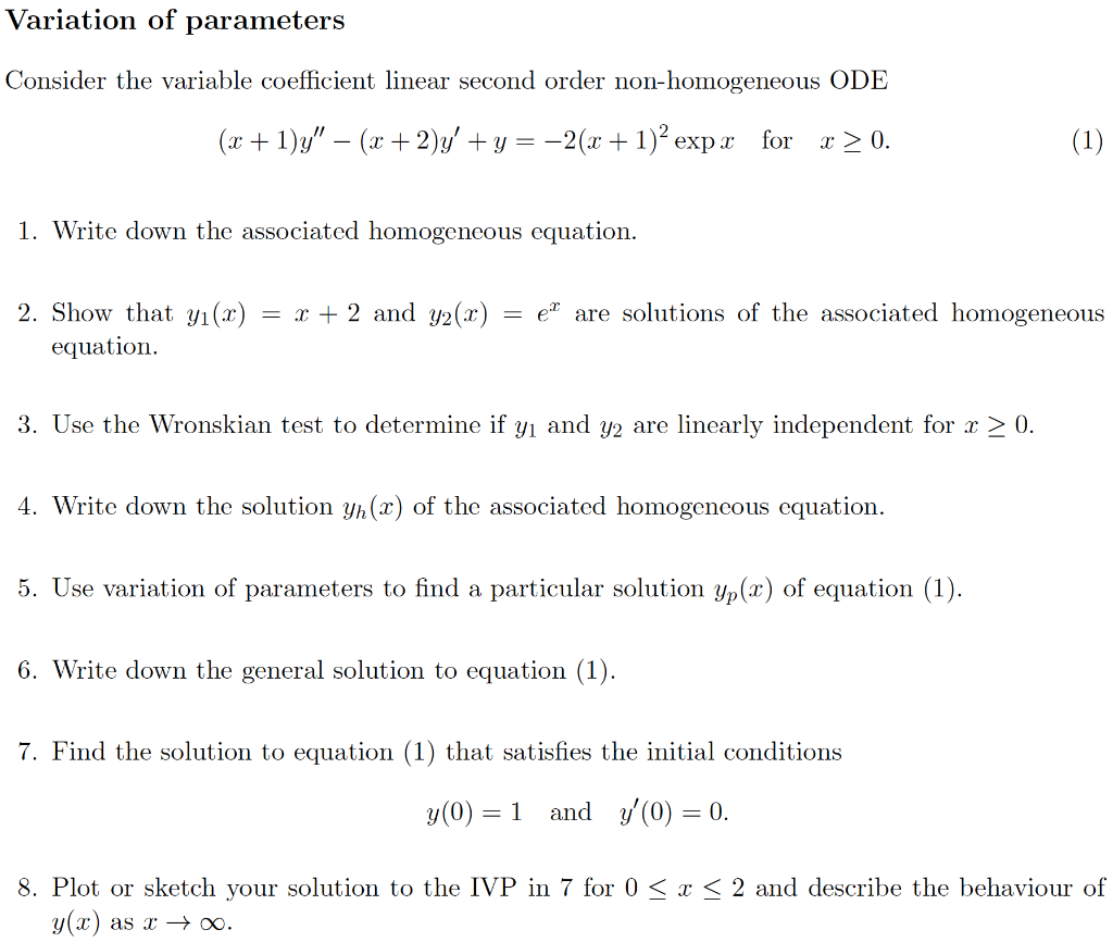 Solved Variation Of Parameters Consider The Variable