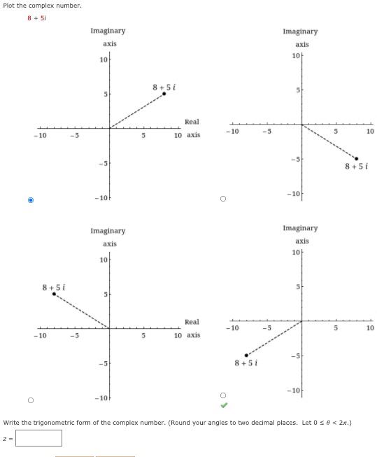 Solved Plot the complex number. 8 + 51 Imaginary axis | Chegg.com
