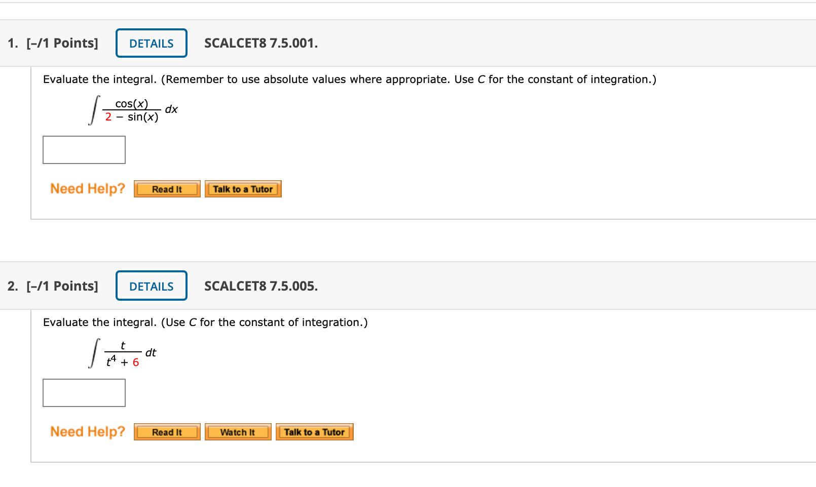 Solved 1. [-/1 Points] DETAILS SCALCET8 7.5.001. Evaluate | Chegg.com