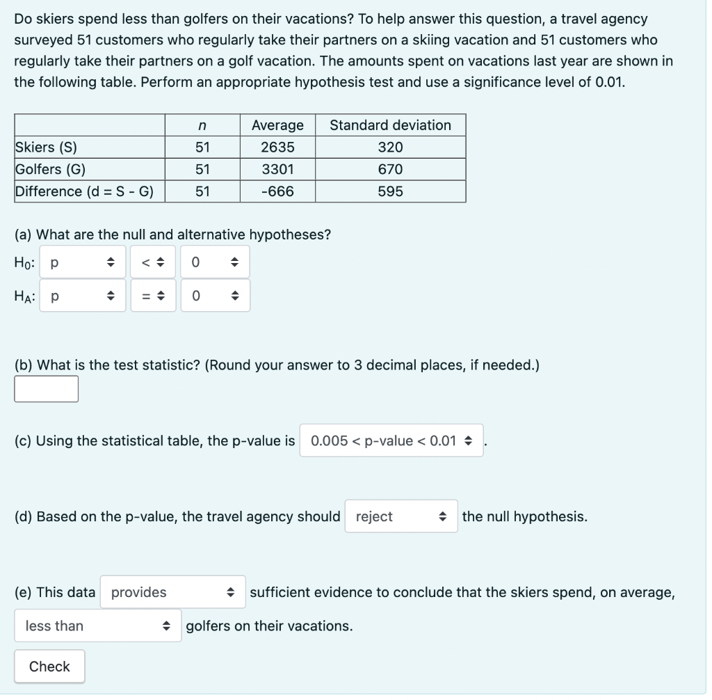 Solved Do skiers spend less than golfers on their vacations? | Chegg.com