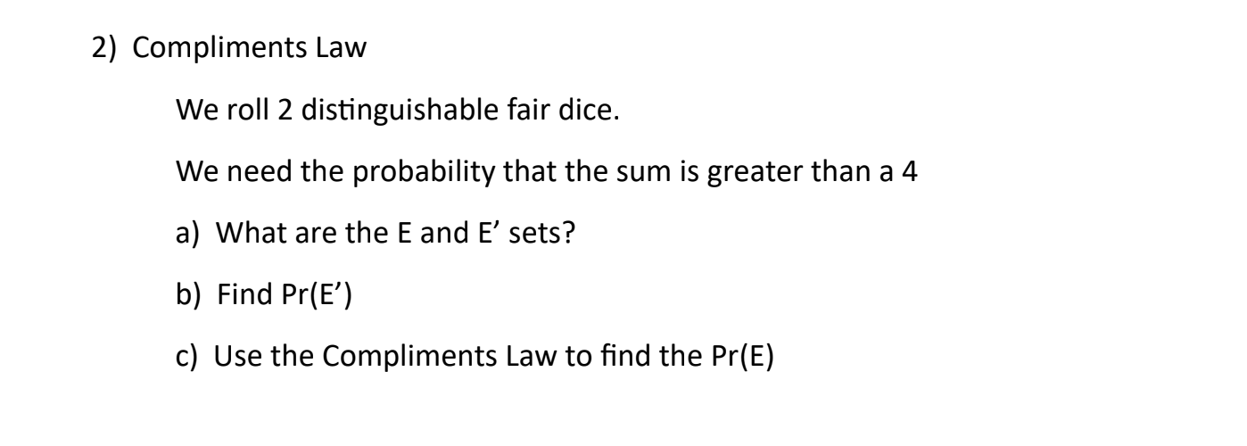 Solved 2) Compliments Law We roll 2 distinguishable fair | Chegg.com