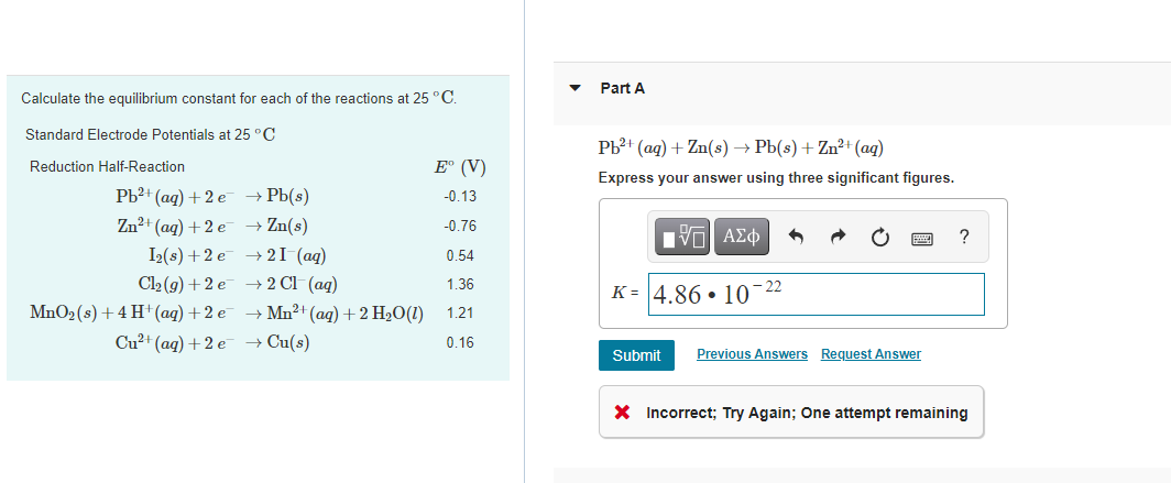 Solved Part A Calculate the equilibrium constant for each of | Chegg.com