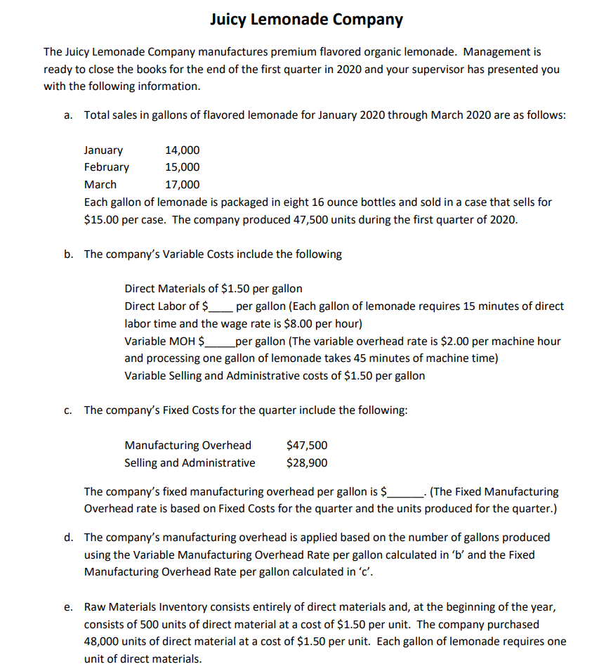 Solved Juicy Lemonade Company The Juicy Lemonade Company | Chegg.com