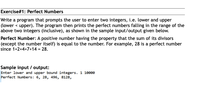 Solved Exercise#1: Perfect Numbers Write a program that | Chegg.com