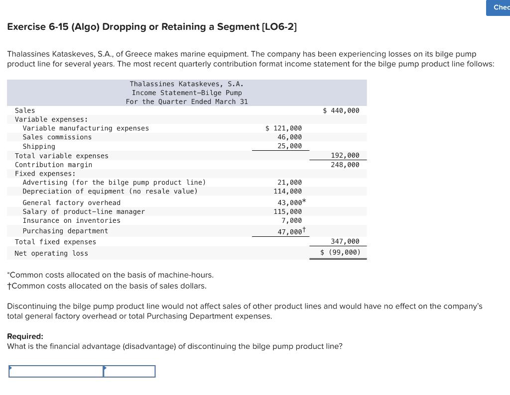 Solved Exercise 6-15 (Algo) Dropping or Retaining a Segment | Chegg.com