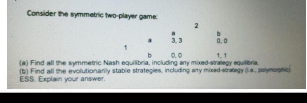 Solved Consider the symmetric two-player game: 2 a 3,3 b 0,0 | Chegg.com