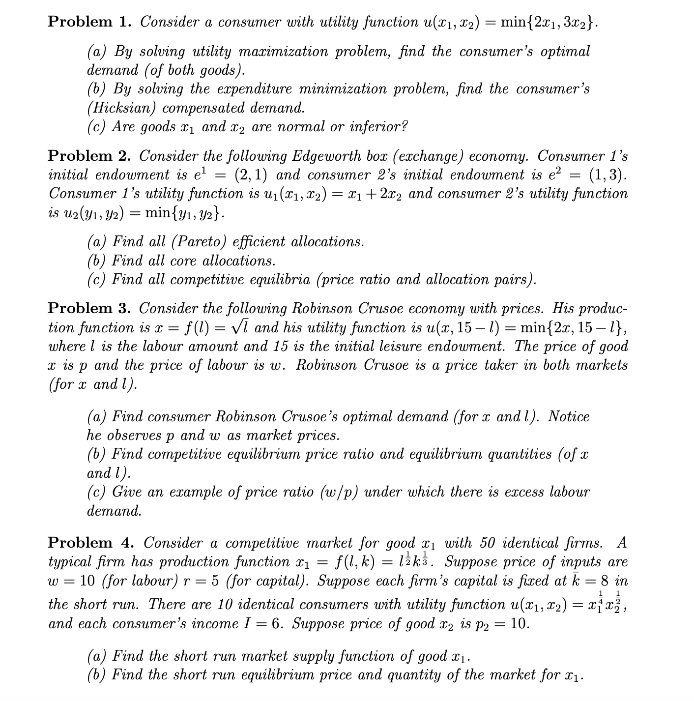 Problem 1. ﻿Consider a consumer with utility function | Chegg.com