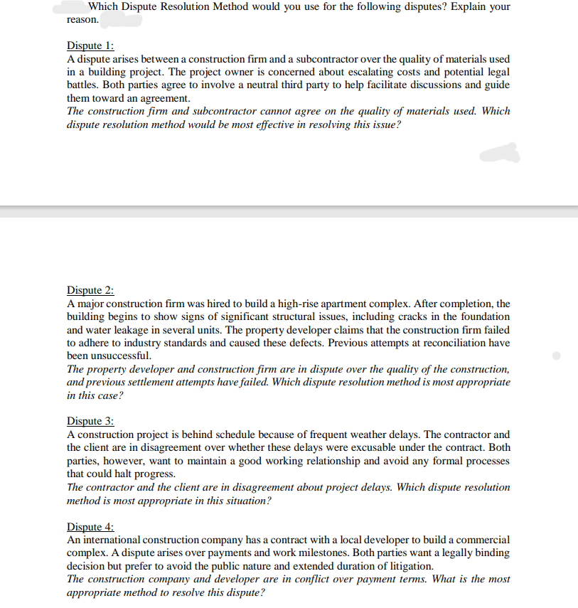 Solved Which Dispute Resolution Method would you use for the | Chegg.com
