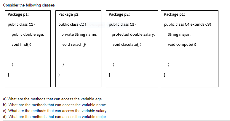 Solved Consider the following classes Package p1; Package | Chegg.com