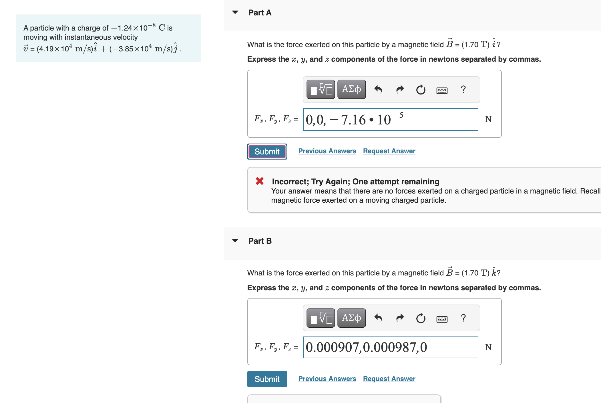 Solved Part AA particle with a charge of -1.24×10-8C | Chegg.com