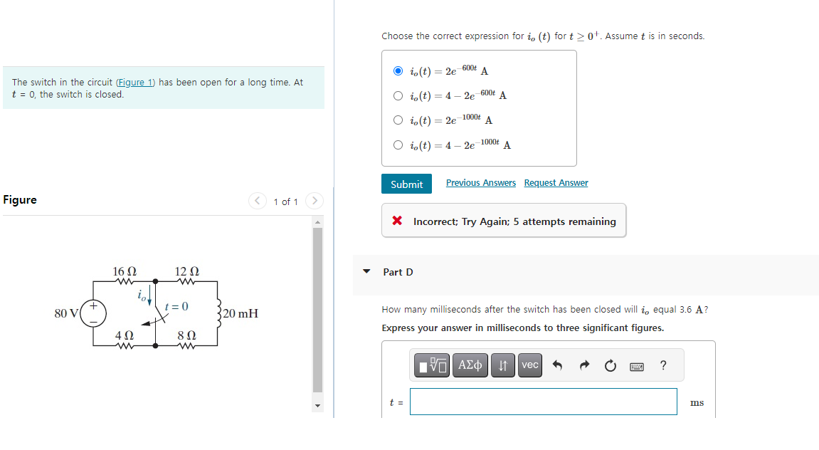 Solved Choose the correct expression for io(t) for t≥0+. | Chegg.com